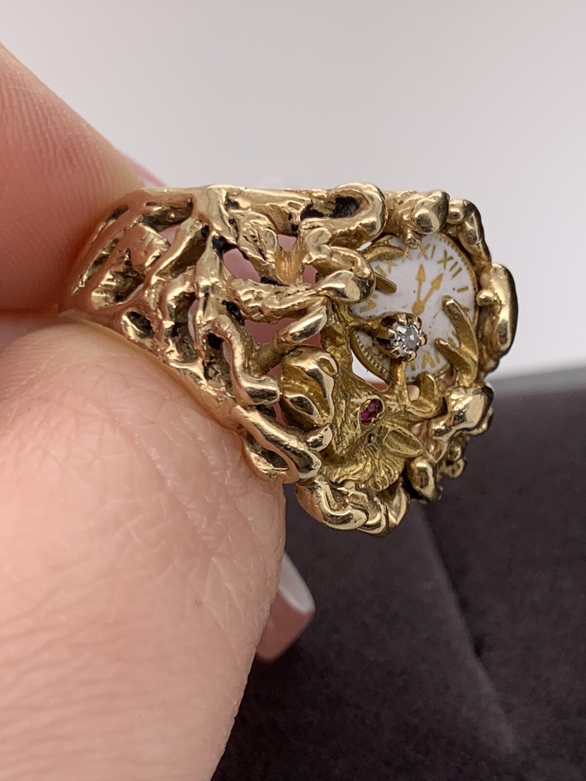 Elk and Clock Ring in 14K Yellow Gold Size 13 BPOE Diamond & Synth Ruby ...