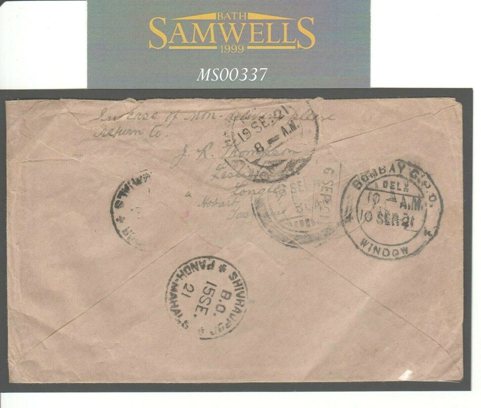 AUSTRALIA KGV 2d Tasmania Cover FORWARDED Thos Cook 1921 India *RMS ...