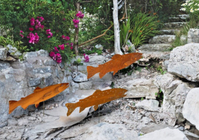 Large Fish Garden Stakes, Set of 3 Trout Fishes, Rusty Metal Garden Art ...