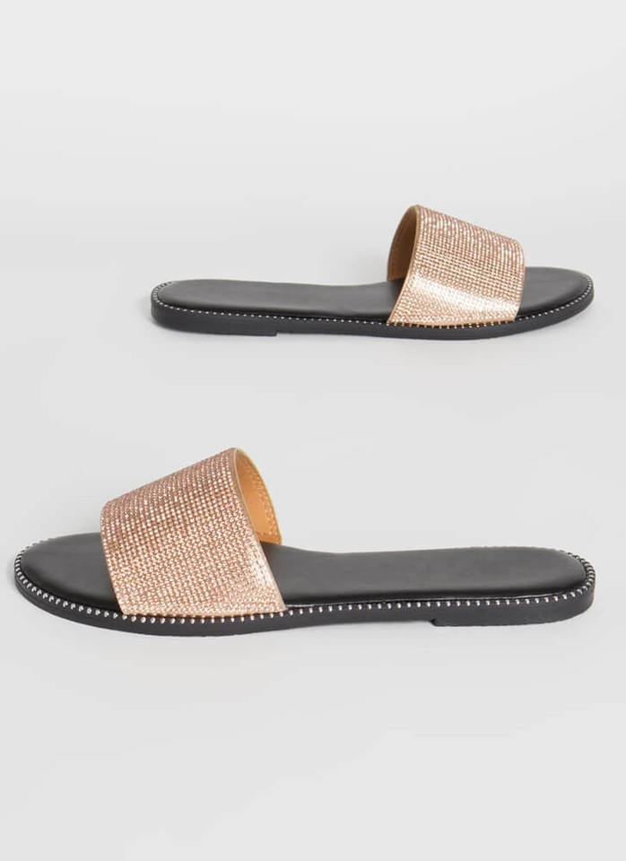 New Women's Open Toe Jeweled Rhinestone Band Slides Flat Sandal Shoes ...