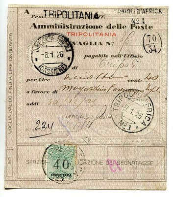 Tripolitania - Tax Marker Vaglia Cent. 40 isolated on money order ...