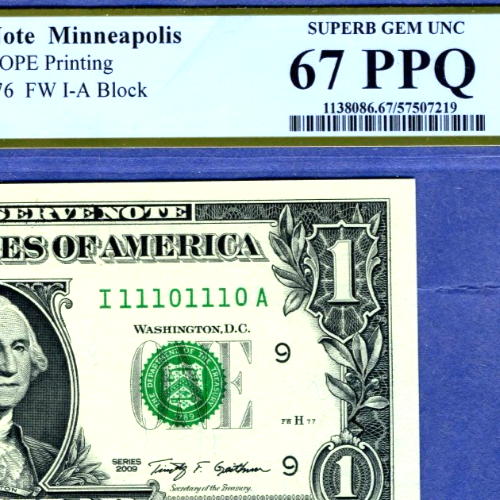 FANCY TRUE BINARY REPEATER # 11101110 serial number $1 PCGS 67 PPQ ...