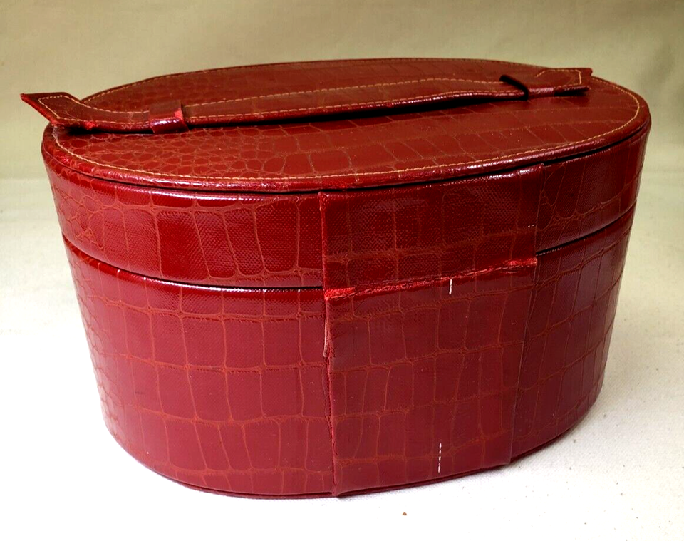Vtg Jewelry Makeup Hat Travel Red Faux Leather Train Case 8x6x4.5 | eBay