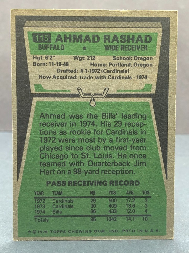 1975 Topps AHMAD RASHAD Card No. 115 Crease-Free NM+ Buffalo Bills | eBay