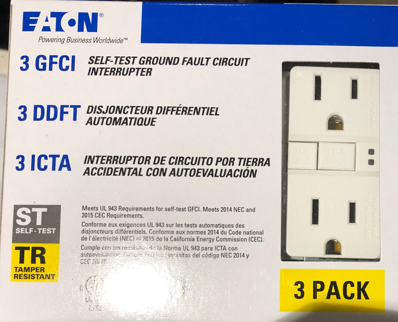 Eaton 3 Pack GFCI Self Test Ground Fault Circuit Interupter Outlet | eBay