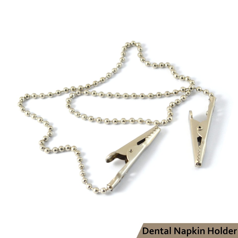 Dental bib clip with metal ball chain and spring-loaded clip hold bibs ...