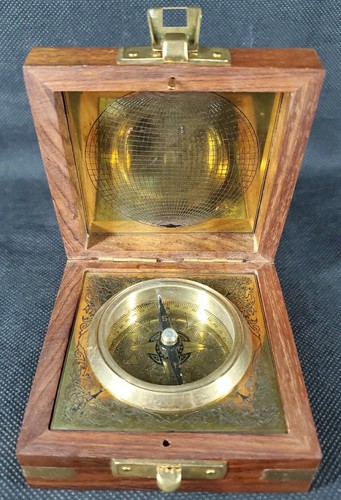 Antique Style Wood Brass Compass Box Etched Design World Globe Clasp ...