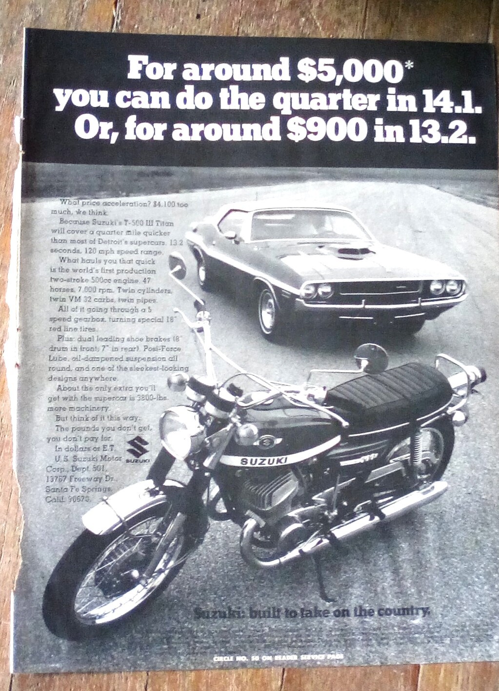 1970 Suzuki T-500 III Titan Motorcycle Print Ad Dodge Challenger Photo ...