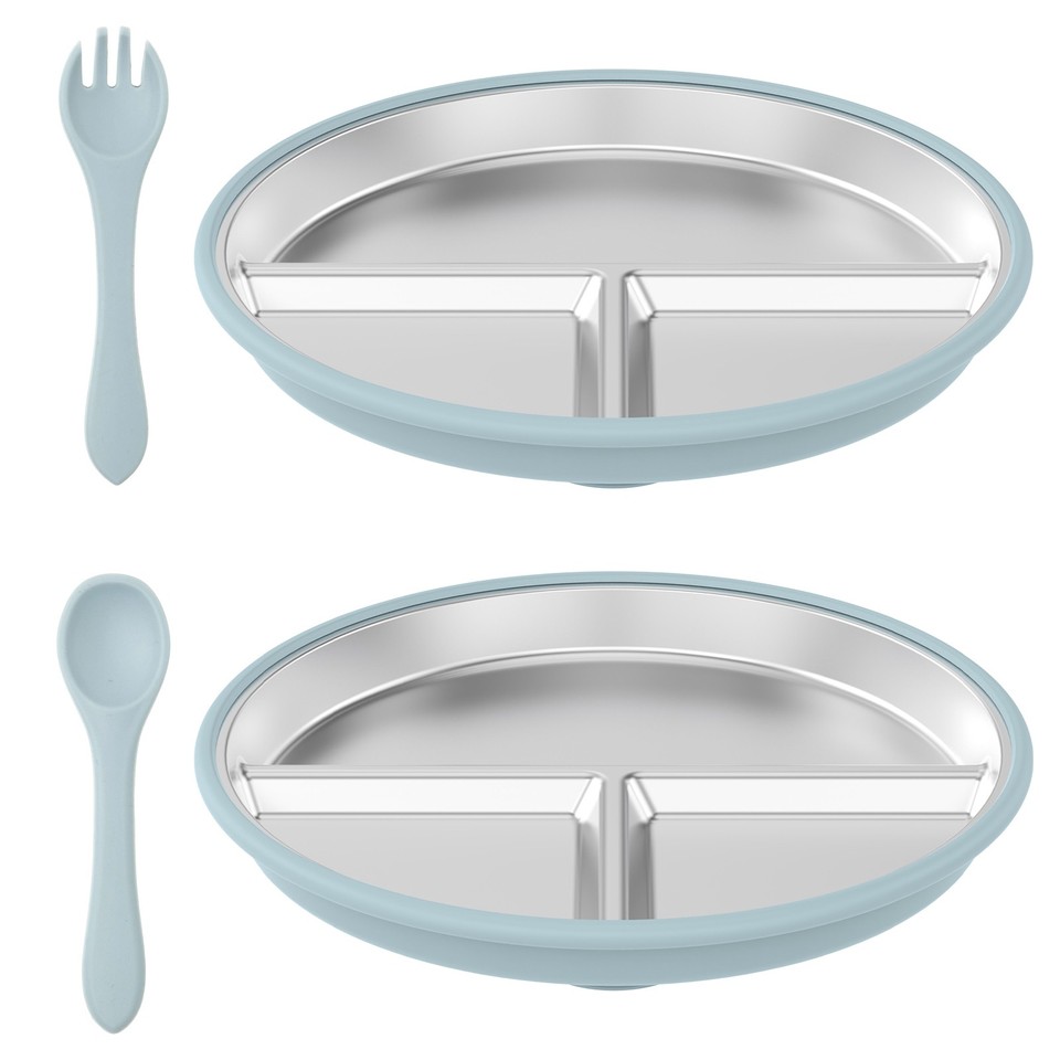 2Pcs Stainless Steel Kids Divided Plate with Silicone Suction Non Slip ...