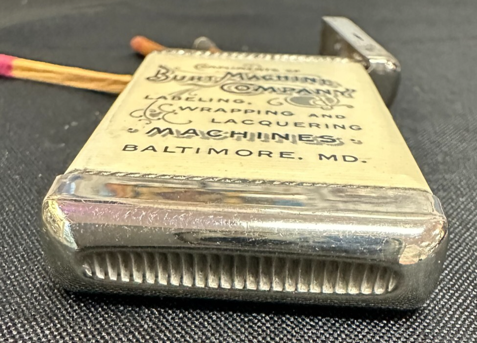 VINTAGE CELLULOID ADVERTISING MATCH SAFE BURT MACHINE CO. PICTURE OF ...