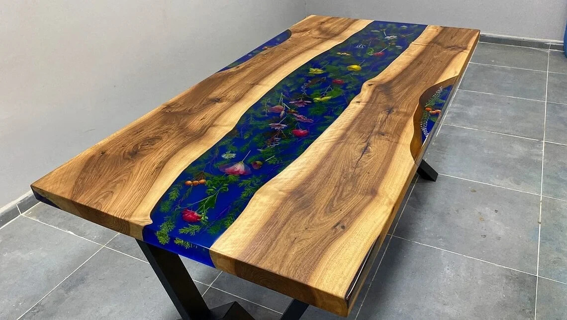 Flowers Walnut Blue Epoxy Resin Table/epoxy computer desk/epoxy coffee ...