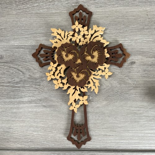 Hand Crafted 3 Layer Scroll Work Wooden Cross With Pansies 9.5” Wall ...