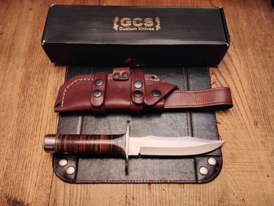 GCS Fixed Blade Knife 5.75" D2 Blade Stacked Leather Handle Leather ...
