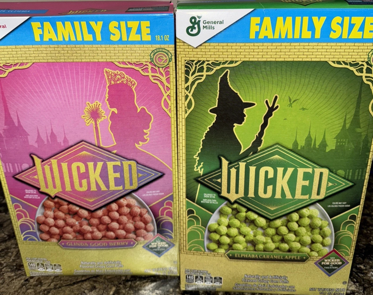 2 General Mills Wicked Cereal Glinda Good Berry & Elphaba Carmel Apple ...