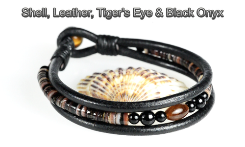 HANDMADE Tiger Eye, Shell, Onyx & Leather New Wristband Men Bracelet 1B ...