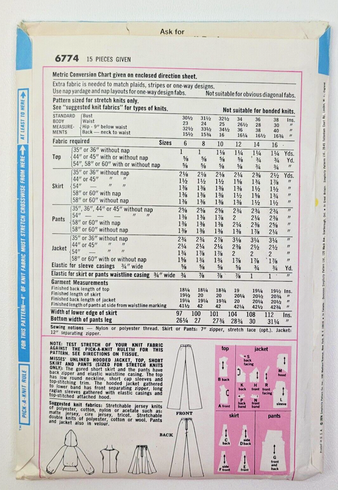 70s Simplicity Sew Pattern 6774 Misses Hooded Jacket-Top-Pants-Skirt Sz ...