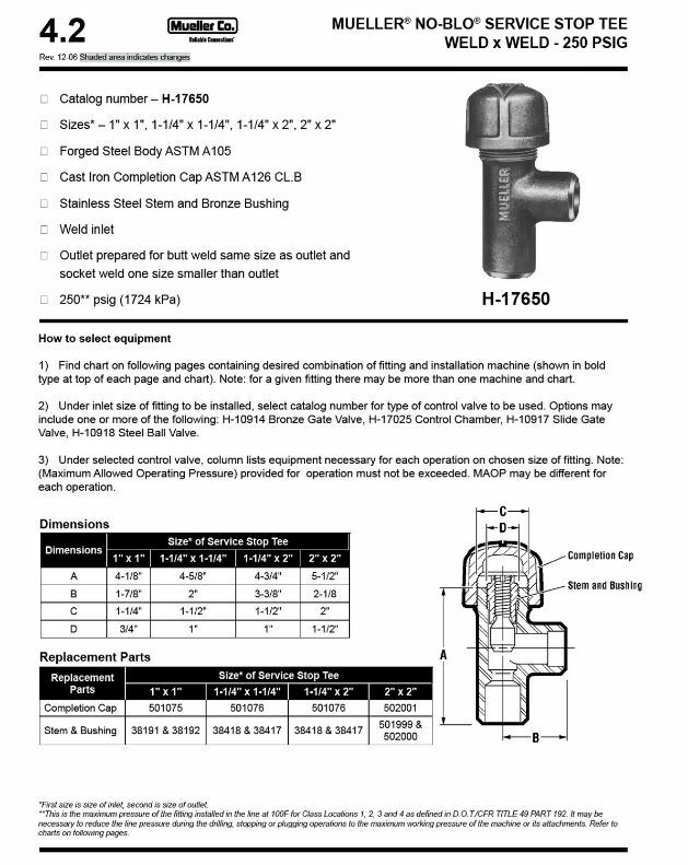 MUELLER H-17650 1" x 1" 250 psig NO-BLO Service Stop Tee Welding Type ...