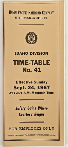 Vintage Union Pacific #41 Idaho Employee Railroad Timetable September ...