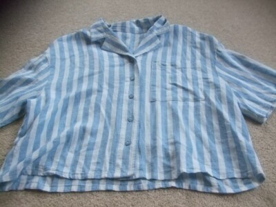 Tu blue white striped short sleeve boxy fit top blouse 12 linen mix | eBay