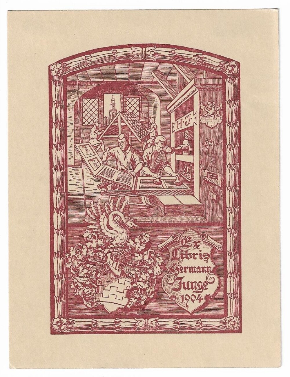 LORENZ RHEUDE: Exlibris für Hermann Junge; Druckpresse, Wappen; 1904 ...