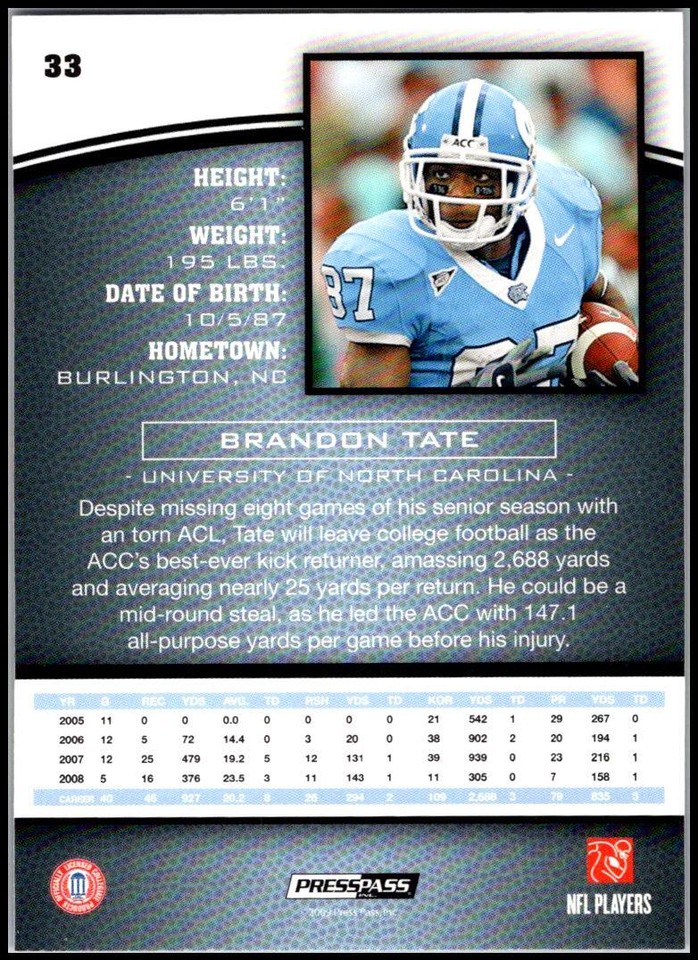 2009 Press Pass #33 Brandon Tate - Blue RC FREE SHIPPING! | eBay