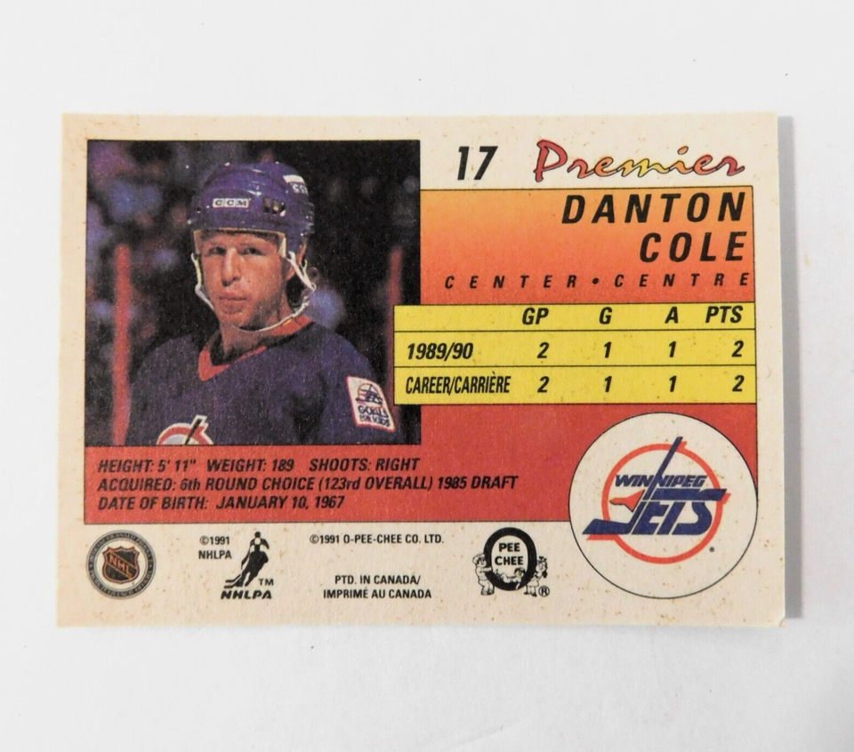1989 1990 Danton Cole O-Pee-Chee Premier #17 Winnipeg Jets Hockey Card ...