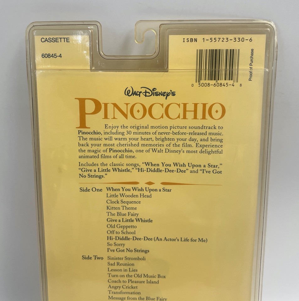 1992 Walt Disney PINOCCHIO Original Motion Picture Soundtrack Cassette ...