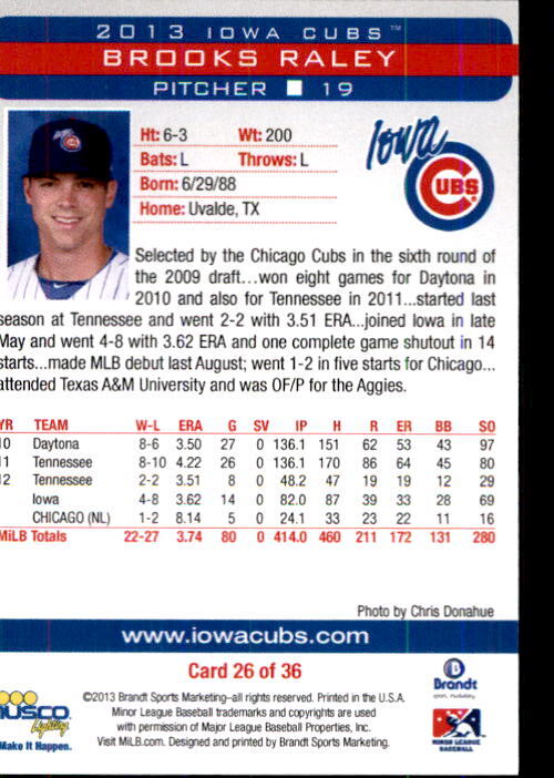 2013 Iowa Cubs Brandt #26 Brooks Raley Uvalde Texas TX Baseball Card | eBay