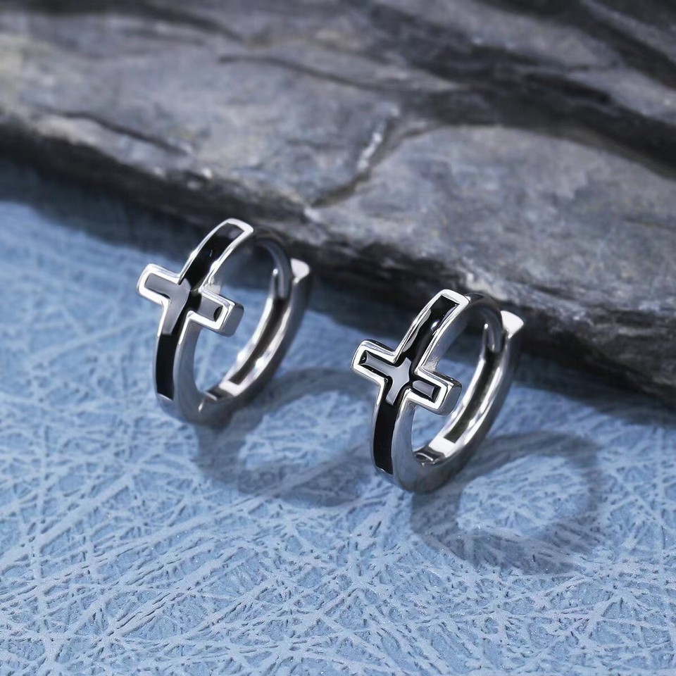 Mens Small Black Cross Huggie Hoop Earrings Surgical Steel Gothic Punk ...