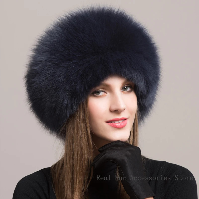 Real Fox Farm Fur Warm Women Cap Thick Furry Fuzzy Pu Leather Head ...