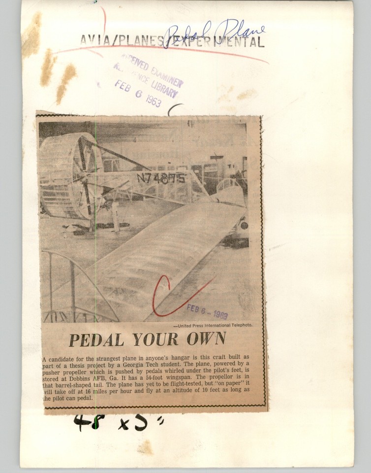 Strangely Designed PEDAL PLANE of Georgia Tech Student VINTAGE 1963 ...