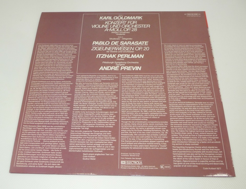 PERLMAN / PREVIN - Goldmark / Sarasate "Violin Concerto / Gypsy Airs ...