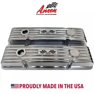 Small Block Chevy 355 Flag Logo Polished Valve Covers, Finned - Ansen ...