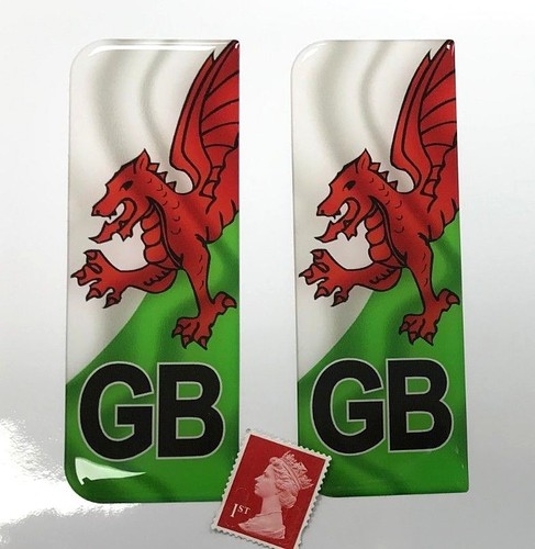 Pair of Waving Wales Flag GB Number Plate Stickers Super Shiny Domed ...