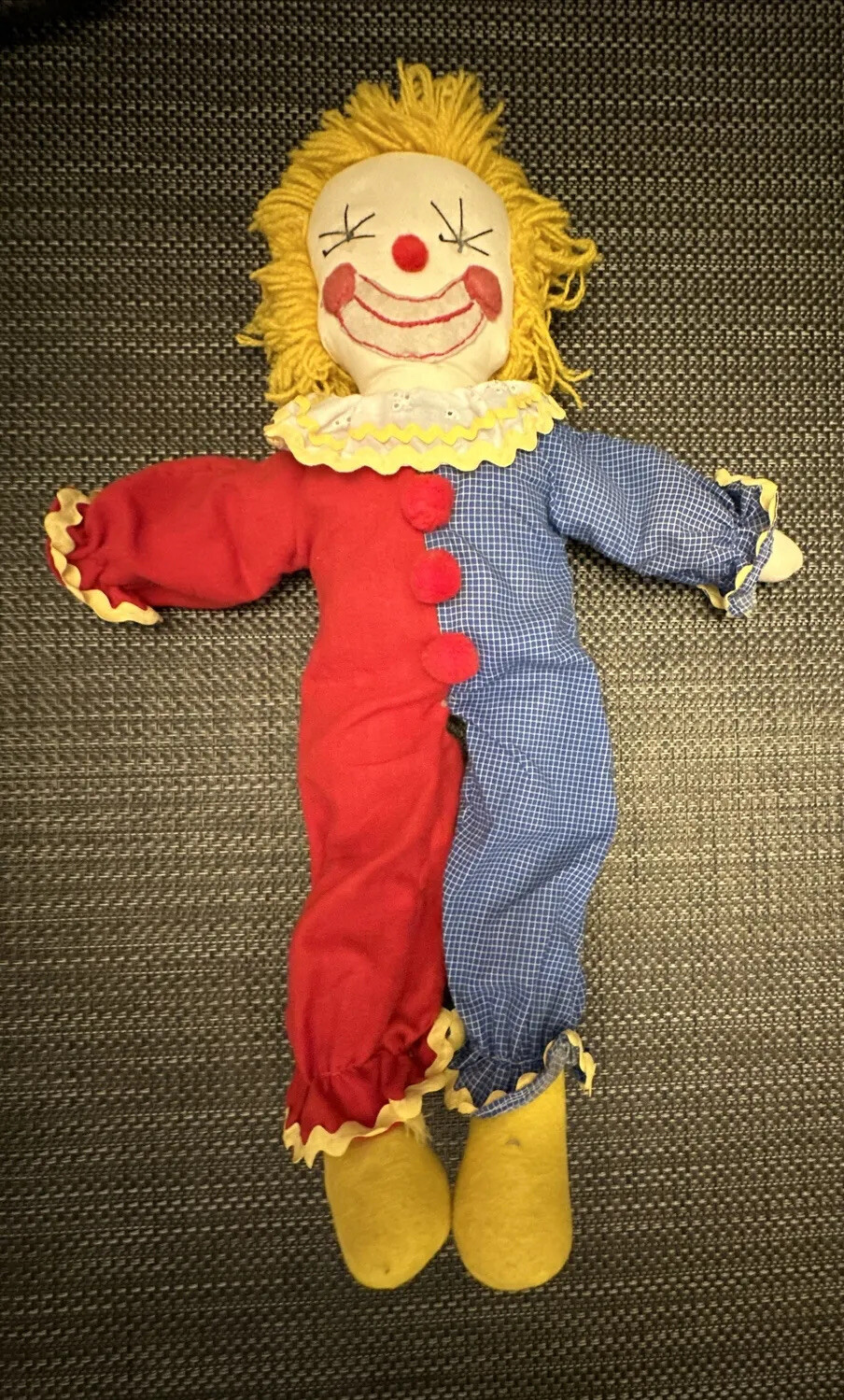 Vintage Rare Folk Art Handmade Cloth Clown Doll Red Poms Raggedy Andy ...