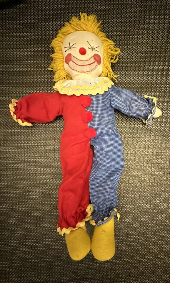 Vintage Rare Folk Art Handmade Cloth Clown Doll Red Poms Raggedy Andy ...