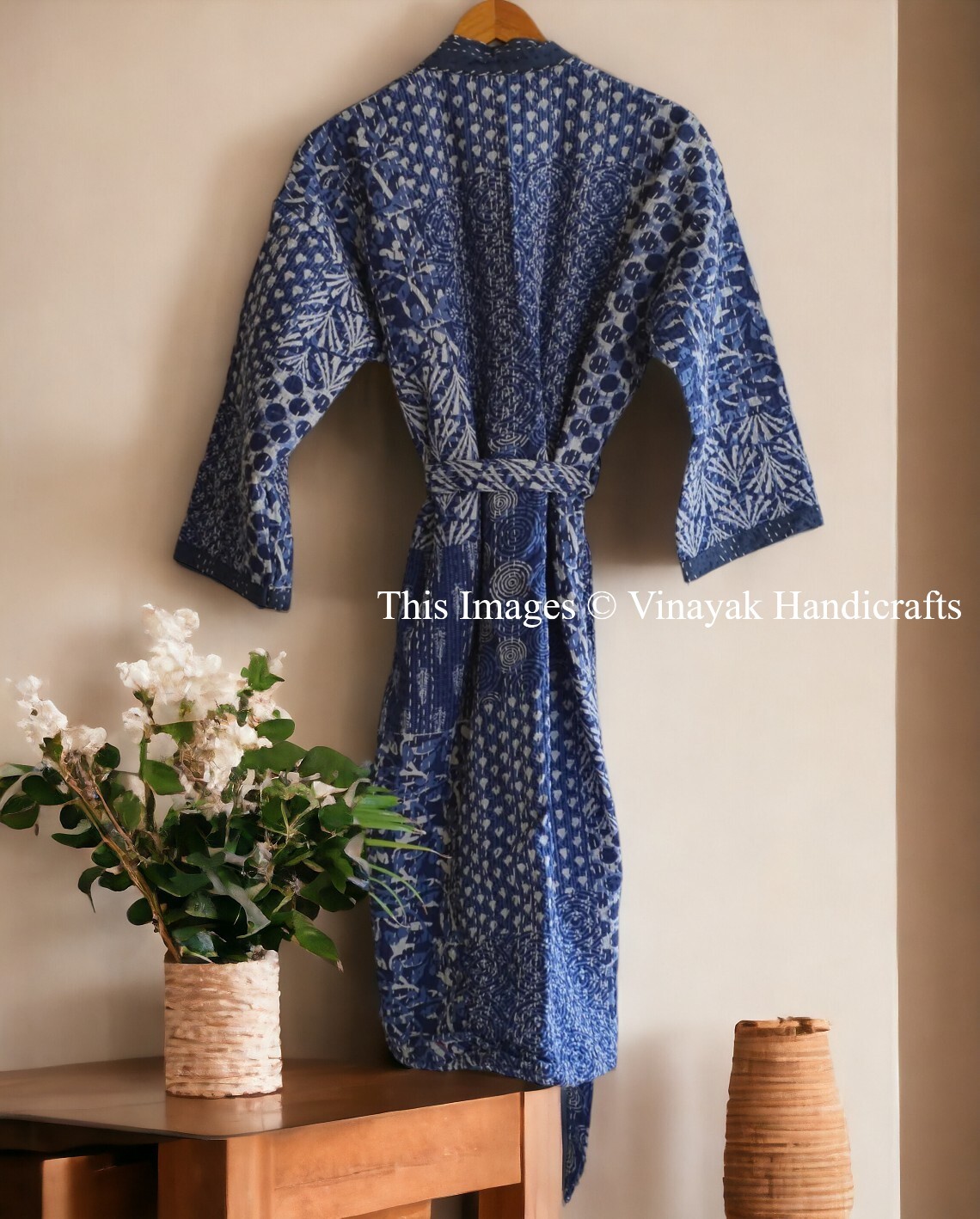 Indian Vintage Cotton Kantha Handmade Robe Women Bath Robe Kimono