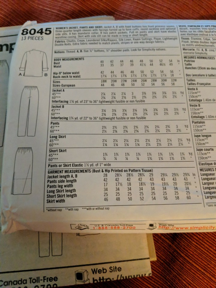 Simplicity 8045 Plus Womens Jacket Pants Skirt Sewing Pattern Uncut 18W ...