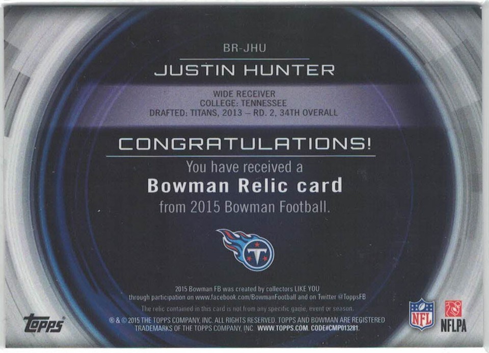 2015 Topps Bowman Relic #BR-JHU Justin Hunter Titans | eBay