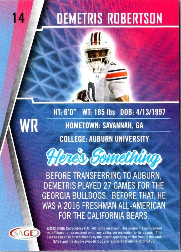 2022 SAGE Demetris Robertson #14 Auburn Tigers Football Card | eBay