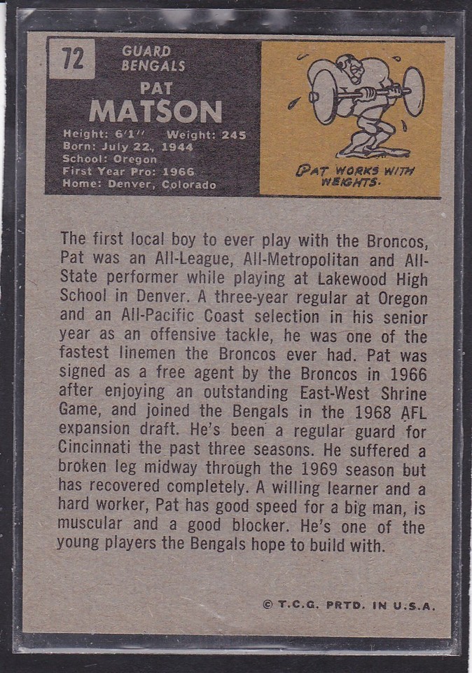 1971 PAT MATSON - Topps Football Card- # 72 - Cincinnati Bengals ...