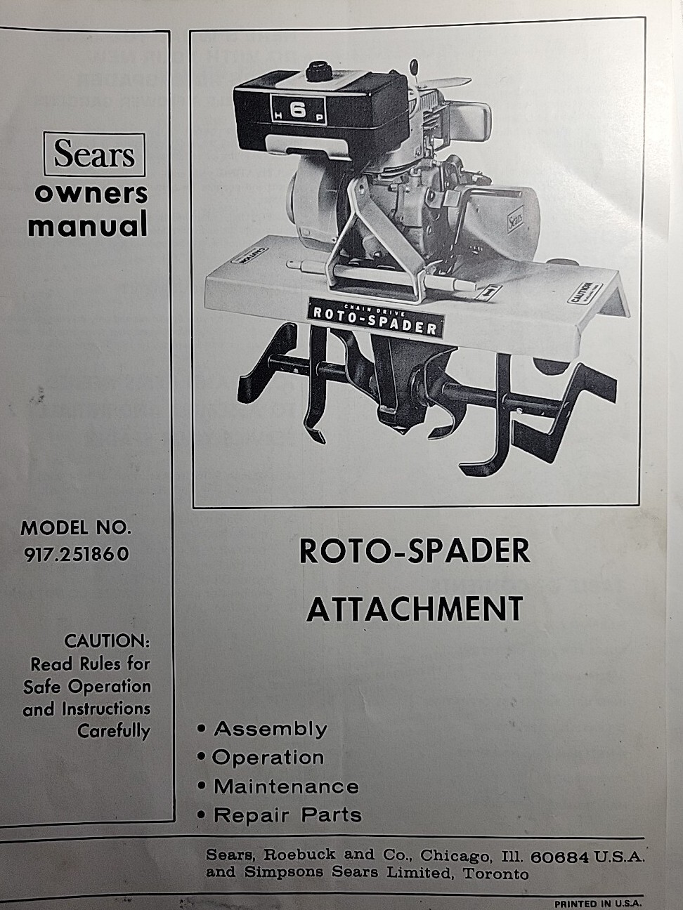 Sears Garden Tractor Roto Spader Tiller Implement 917.251860 Owner ...