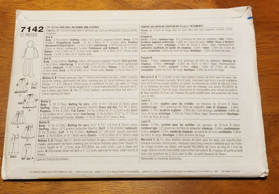 Simplicity #7142 Rag Doll or Bunny + Clothing 24" Heigl Pattern Vintage ...