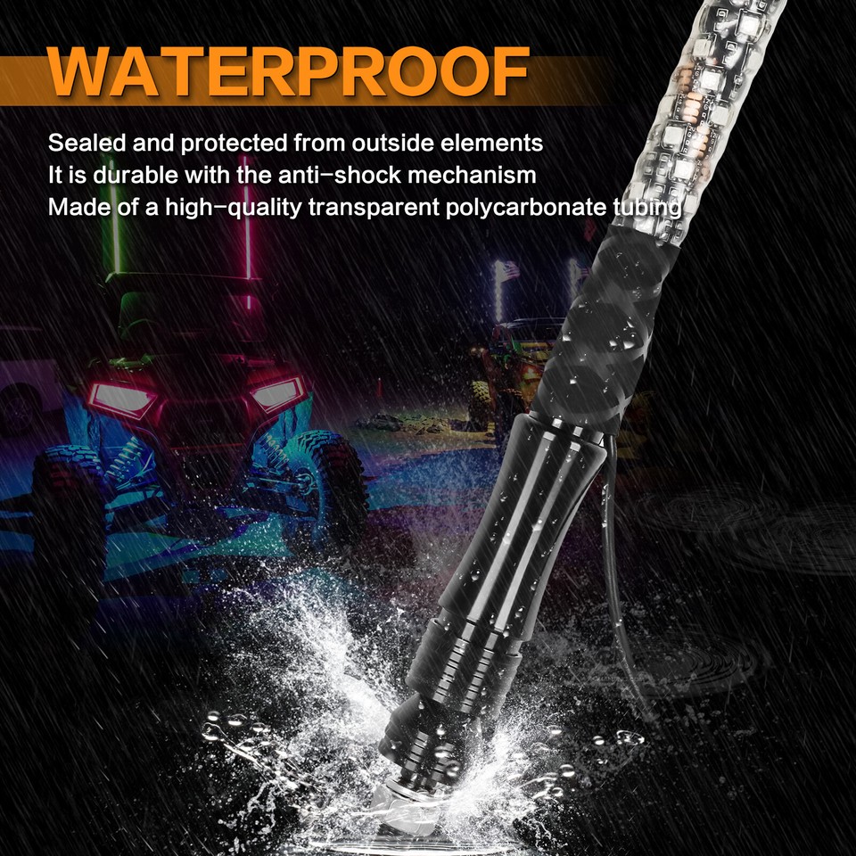 2X 3ft Lighted Spiral LED Whip Antenna w/Flag + 4 Pods RGB Rock Lights ...