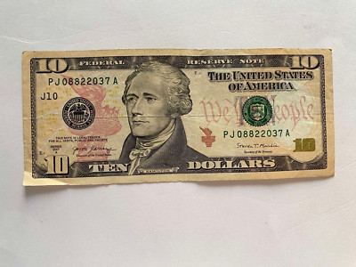 USA Real Money $10 paper money TEN DOLLARS Serial number PJ 08822037 A ...