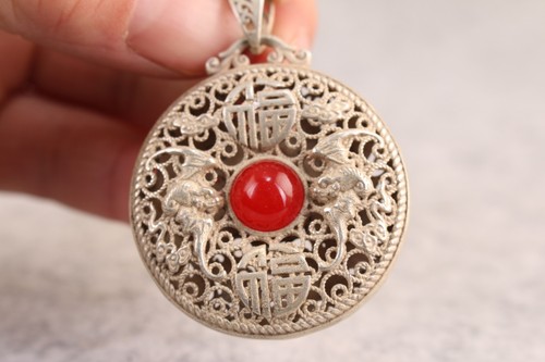 Chinese tibet silver copper handmade bat statue figure pendant netsuke ...