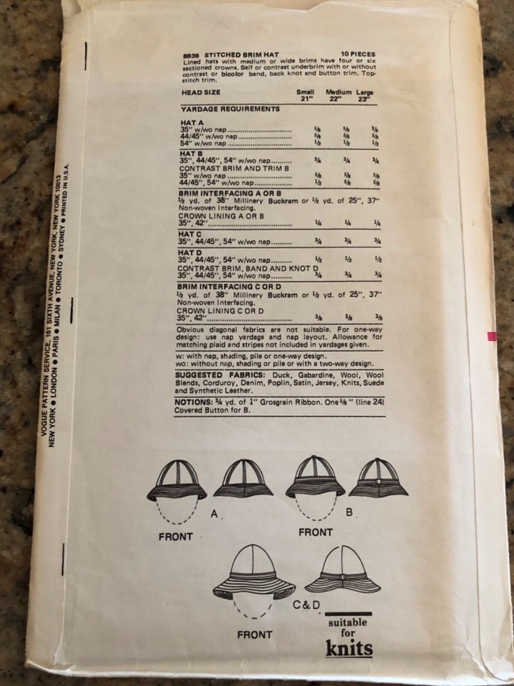 🌻 VOGUE #8836 - LADIES CUTE RETRO ( 4 STYLE ) MILLINERY HAT PATTERN 22 ...