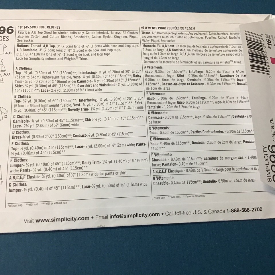 18 inch Doll Clothes Sewing Craft Pattern Simplicity #2296 6 casual ...