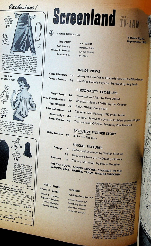 Screenland Magazine September 1963 Liza Minnelli Connie Francis Stevens ...