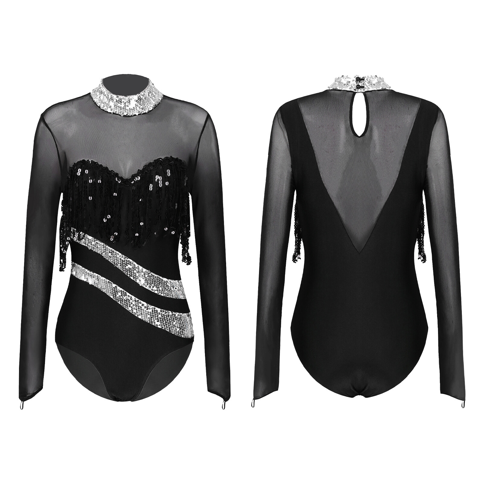 Damen Pailletten Sheer Mesh Ballett Gymnastik Trikot Tanz Body Langarm ...